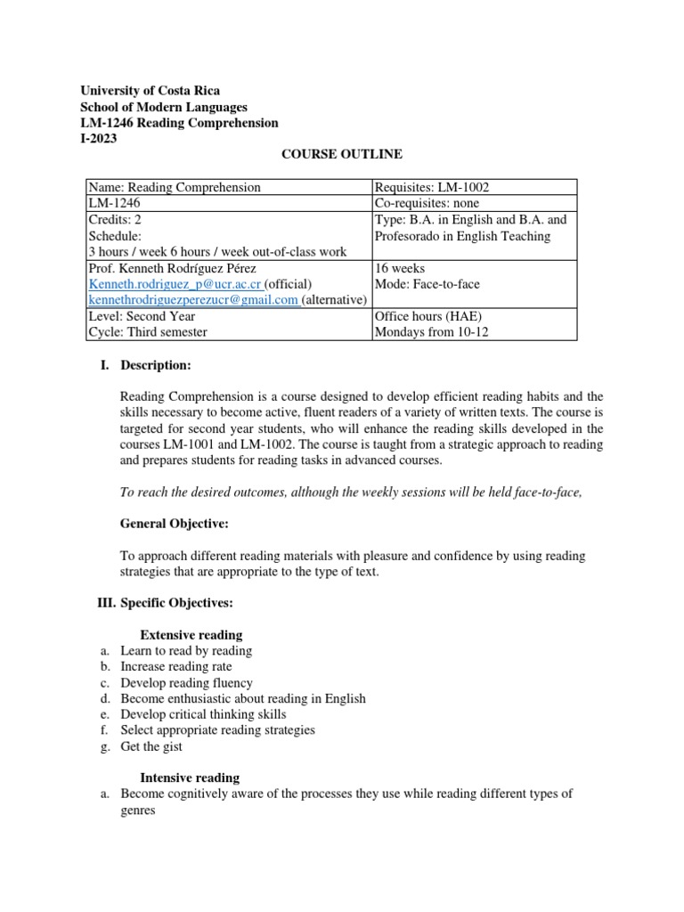 UCR Reading Comprehension Course Outline | PDF | Reading Comprehension ...