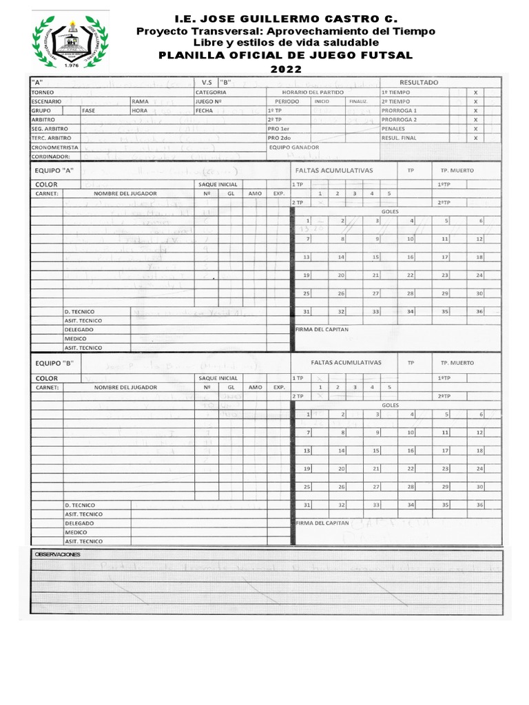 Planilla de Juego Futsal | PDF