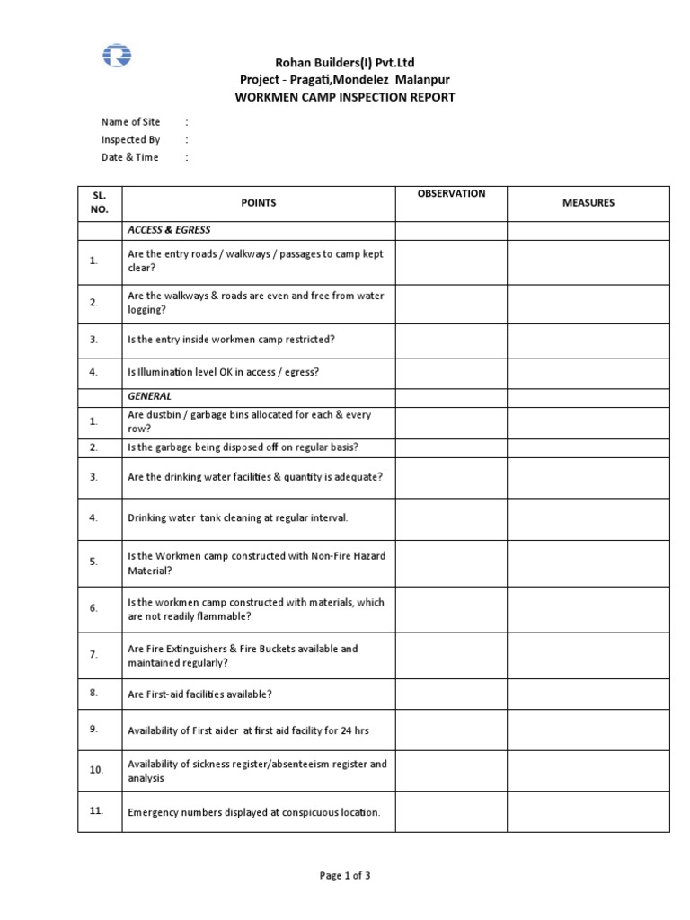 Workmen Camp Inspection Form | PDF | Kitchen | Home