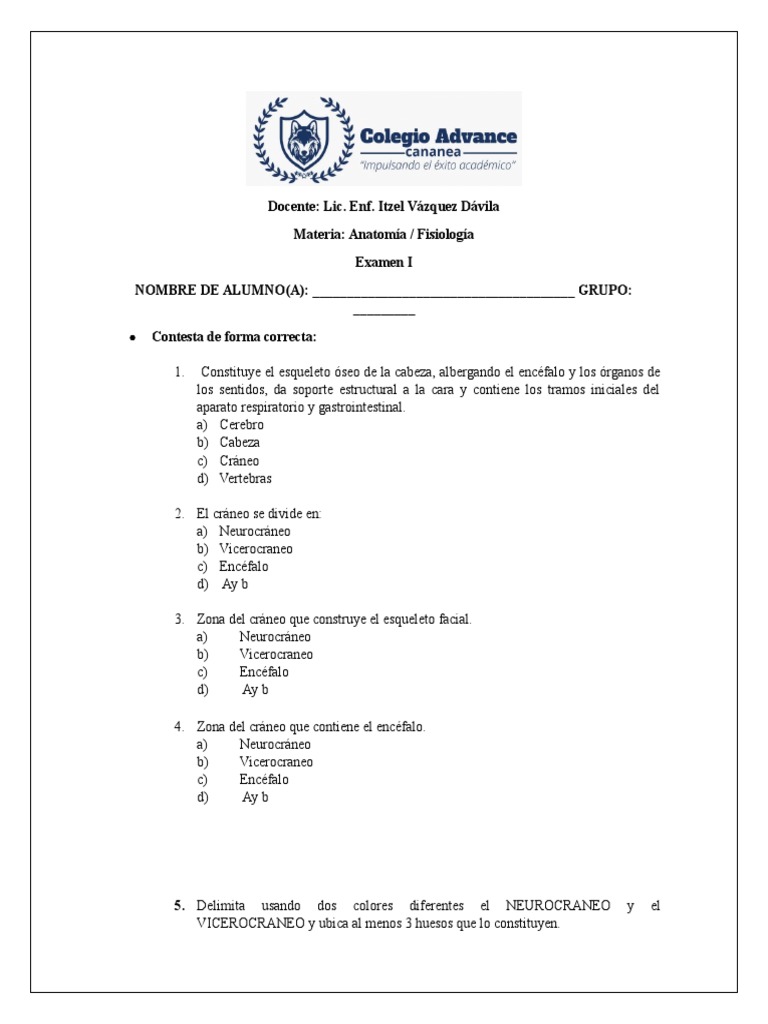 Examen de Anatomia y Fisiologia 1 | PDF