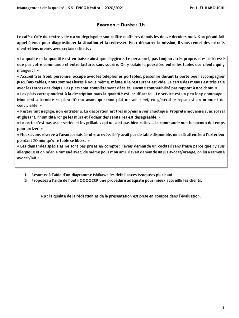 Exam2020 - 2021 - Qualite - Rattrapage | PDF | Livres de cuisine ...