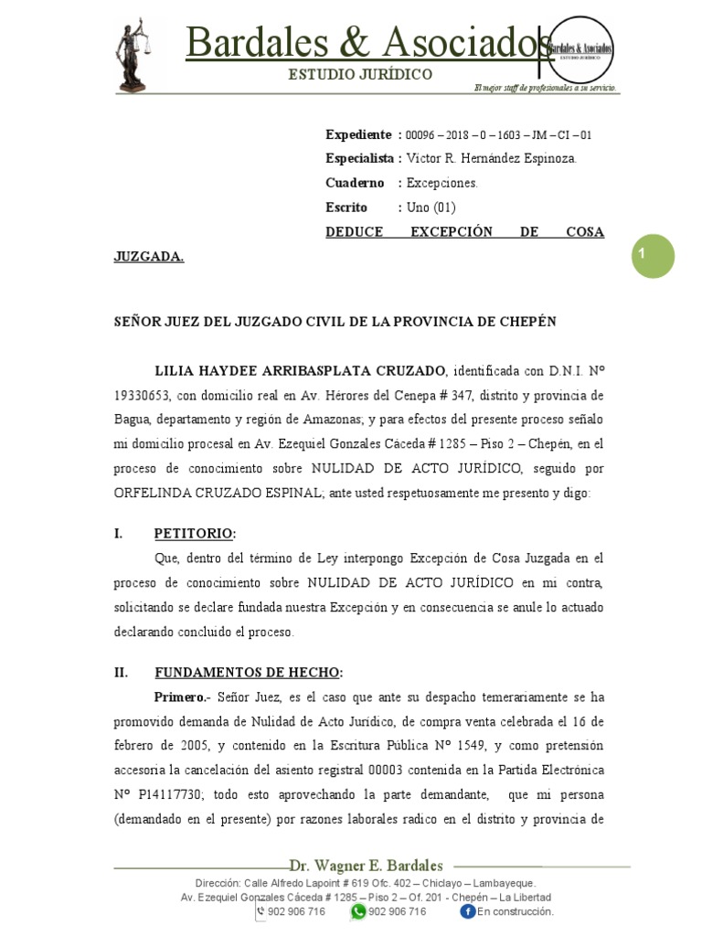 Modelo de Excepción Cosa Juzgada | PDF | Judicaturas | Sentencia (ley)