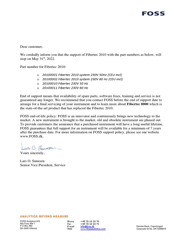 EOL Customer - Letter - Fibertec 2010 - Dec. 2021 | PDF