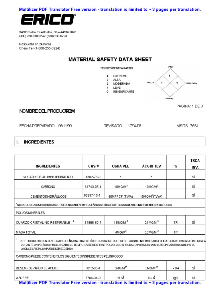 HDS erico gel en español | PDF | Agua | Química