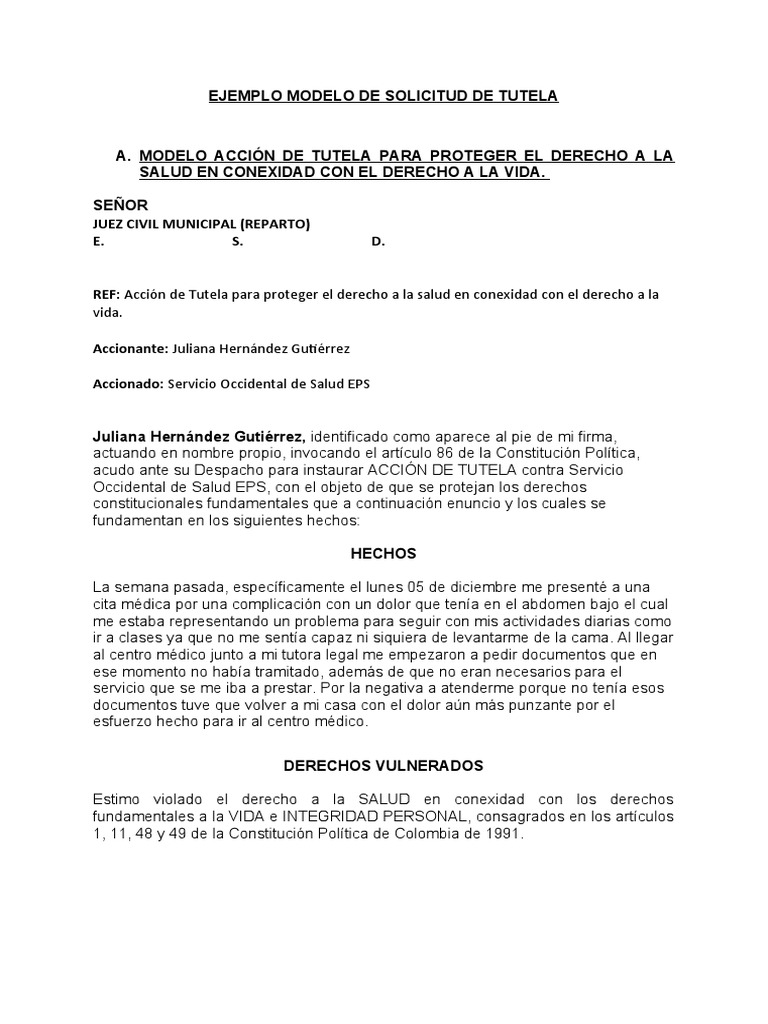 Ejemplo Modelo de Solicitud de Tutela | PDF | Violación | Derecho ...