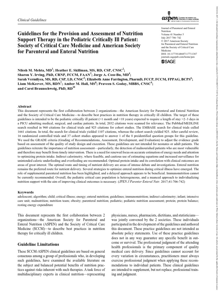 J Parenter Enteral Nutr - 2017 - Mehta - Guidelines For The Provision ...