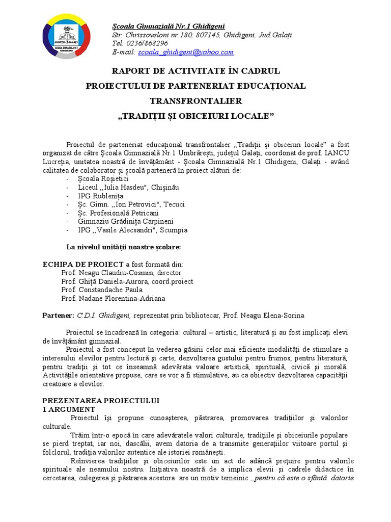 Traditii Si Obiceiuri Locale, 2023 - Raport de Activitate Proiect | PDF