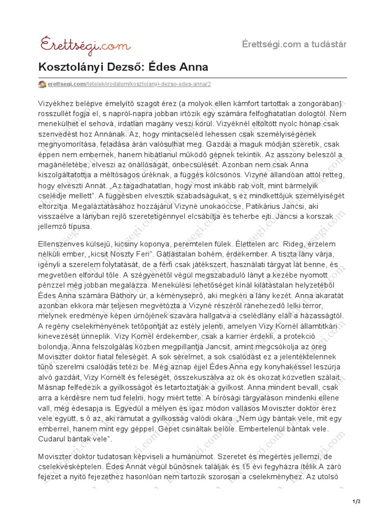 Kosztolányi Dezső Édes Anna | PDF