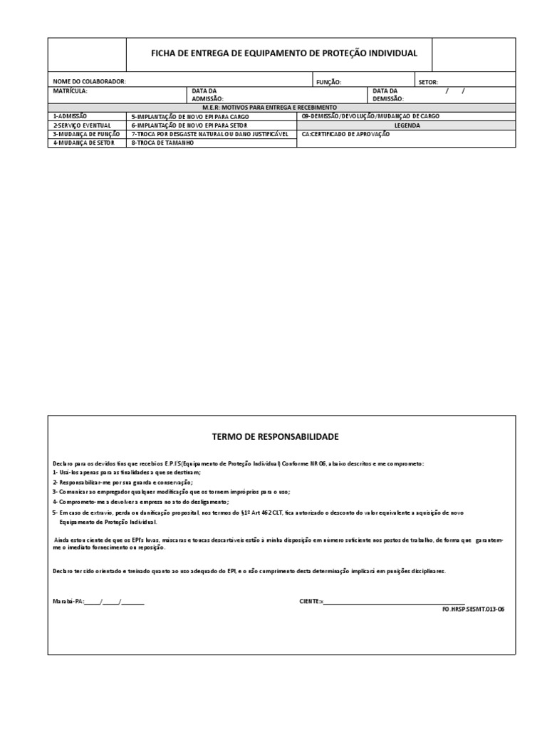 Ficha de Entrega de EPI: Termo e Responsabilidades | PDF