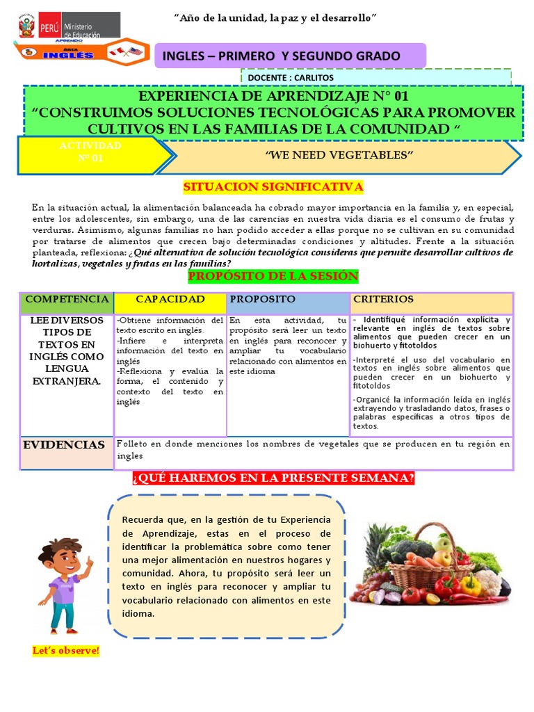 Experiencia de Aprendizaje #01 - Actividad #01 - 1ero y 2do - Ingles | Descargar gratis PDF ...