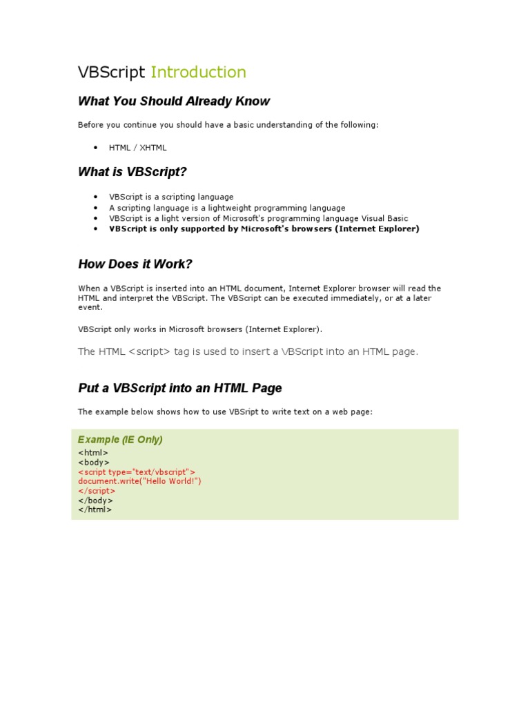 VBScript Introduction From w3 School | PDF | Html | Control Flow