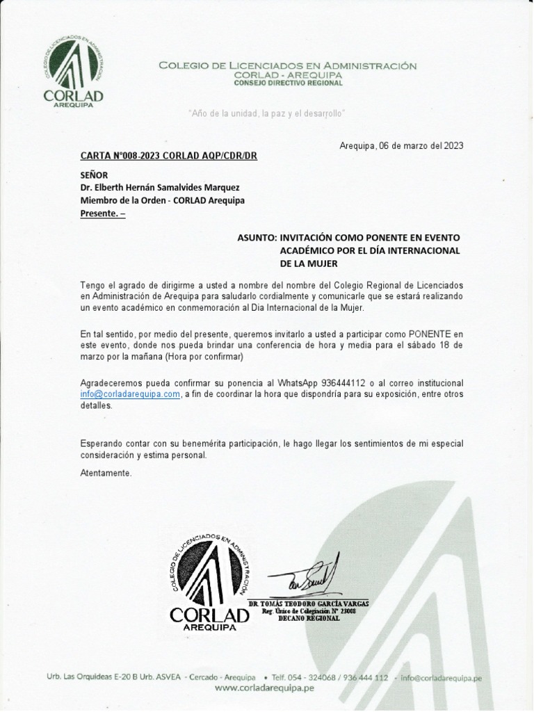 Carta #008 - Invitacion Como Ponente A Evento Academico Por El Dia de ... Carta #008 - Invitacion Como Ponente A Evento Academico Por El Dia de ...