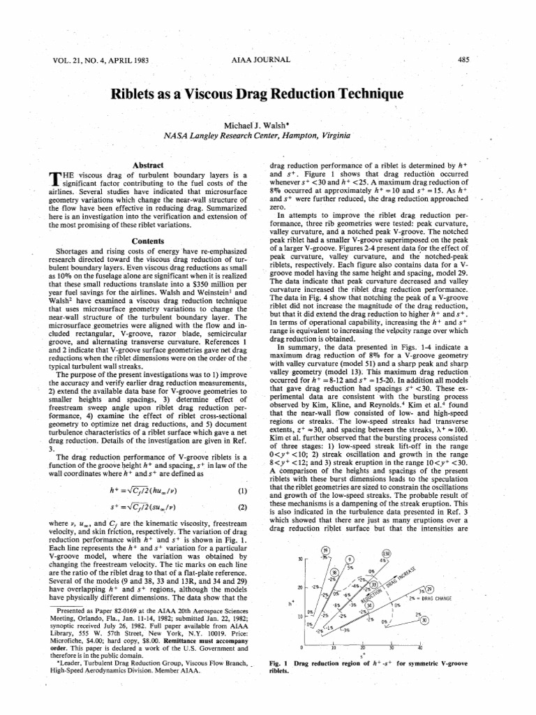AIAA-60126-754 Riblets As A Viscous Drag Reduction Technique | PDF | Drag (Physics) | Reynolds ...