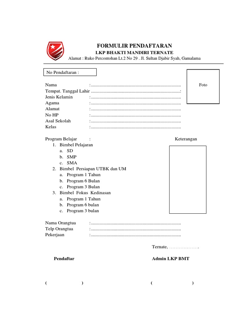 Formulir Pendaftaran Peserta Bimbel | PDF