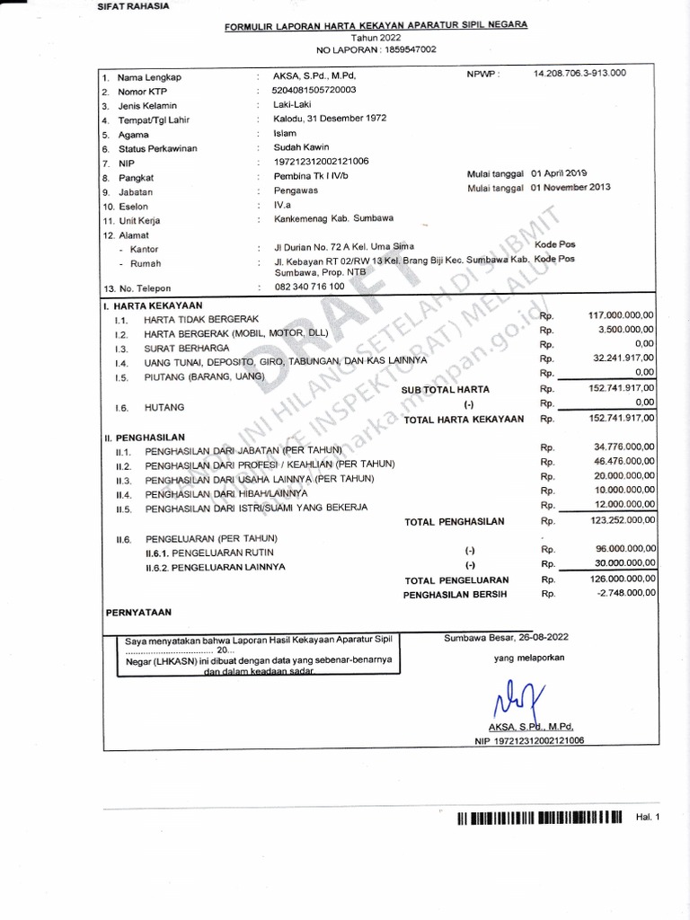 Formulir Laporan Lhkasn 2022 | PDF