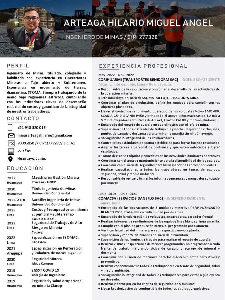 Curriculum Vitae Ingeniero de Minas Arteaga Hilario Miguel Angel | PDF | Minería | Minerales