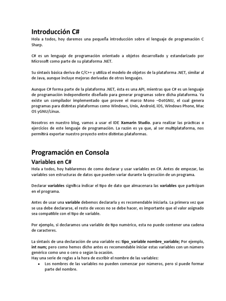01 Introducción C | PDF | C Sharp (lenguaje de programación) | .NET Framework