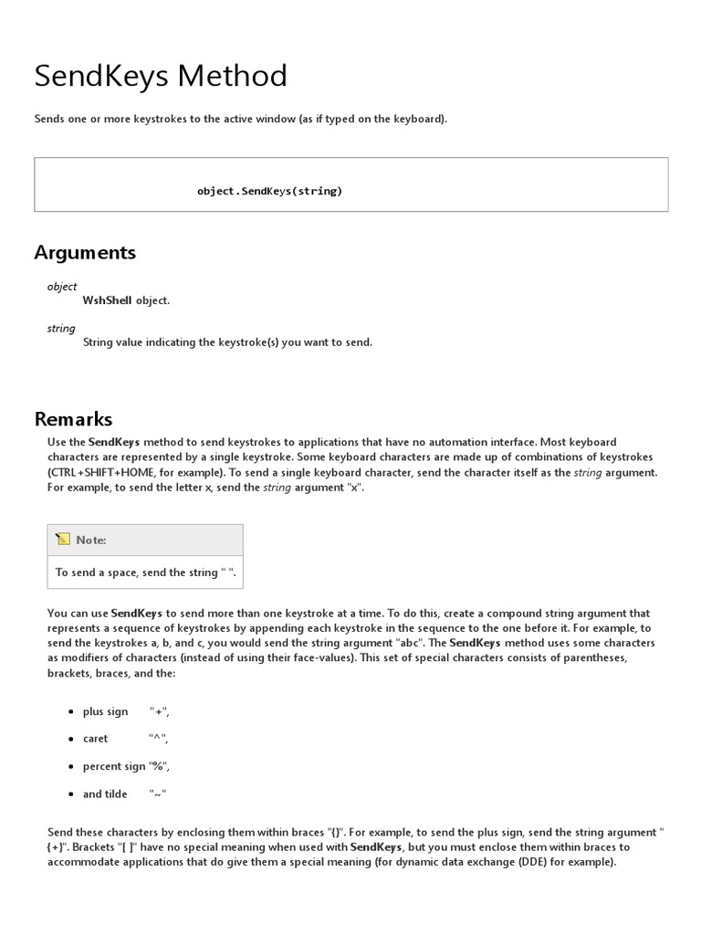 SendKeys Method (Vbscript) | PDF | Bracket | Computing