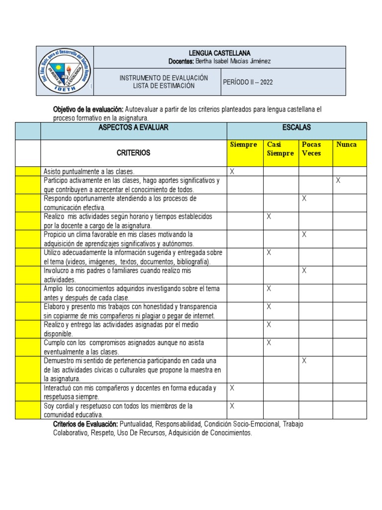 AUTOEVALUACION ESPAÑOL camilo batista | PDF | Evaluación | Enseñando
