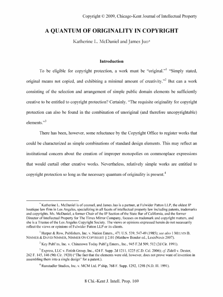 Quantum of Originality | PDF | Substantial Similarity | Copyright