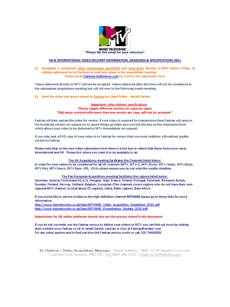 MTV UK and International Video Submission Guidelines 2011 | PDF ...