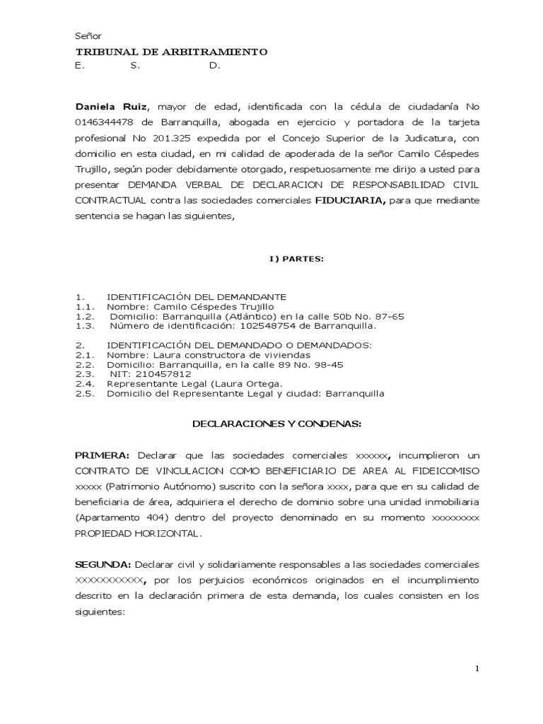 Modelo DEMANDA Ordinaria CGP | PDF | Ley de fideicomiso | Daños y ...