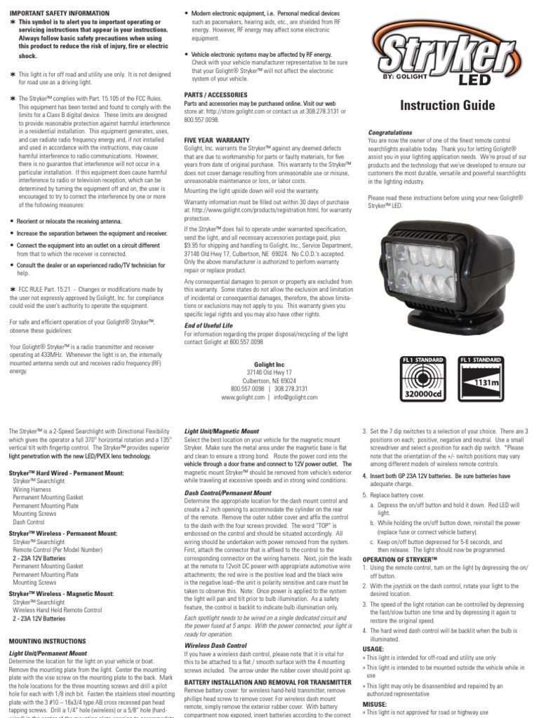 Golight LED Stryker Searchlight Owners Manual | PDF | Electromagnetic Interference | Radio