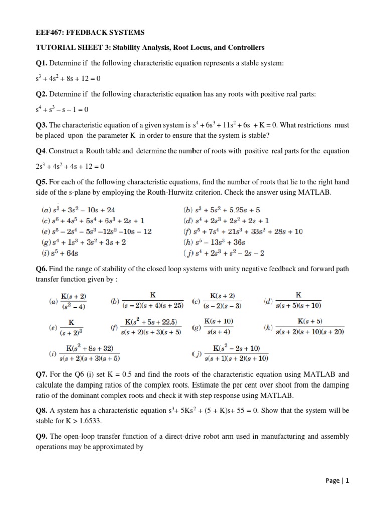 EEF467 Tutorial Sheet 3 | PDF | Control Theory | Cybernetics