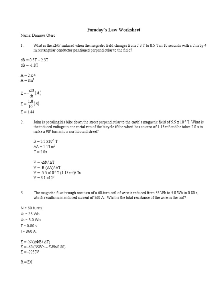 Faradays Law Worksheet | PDF