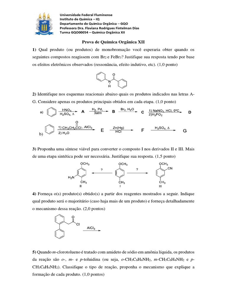 Exercicios Quimica Organica UFF P1 | PDF | Química | Química Orgânica