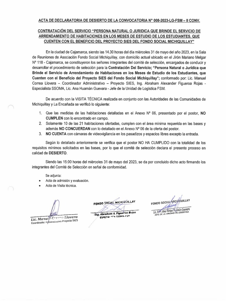 Acta de Declaratoria de Desierto Conv. 08-2023-II Conv. Arrenadamiento de Habitaciones | PDF