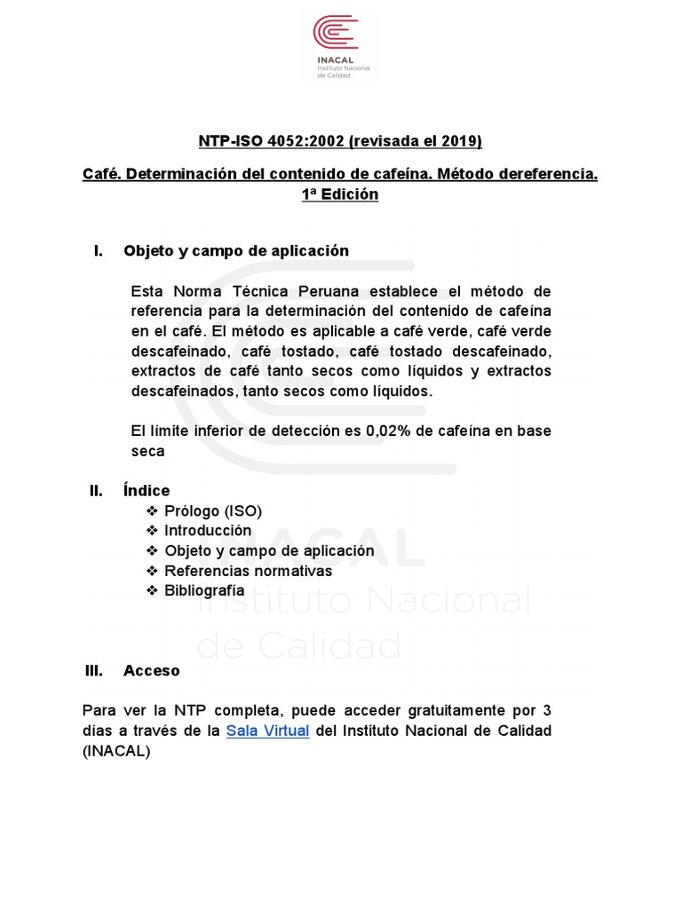NTP-IsO 4052 - 2002 (Revisada El 2019) Café. Determinación Del ...