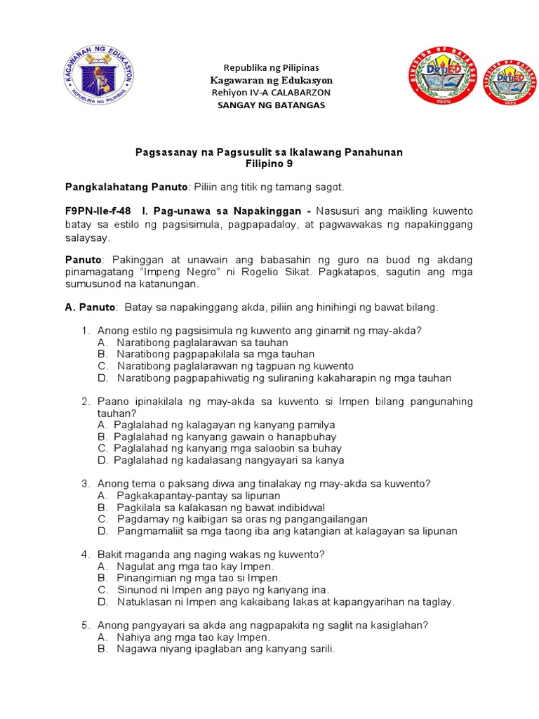 G9 Pagsasanay Na Pagsususlit Sa Ikalawang Panahunan | PDF