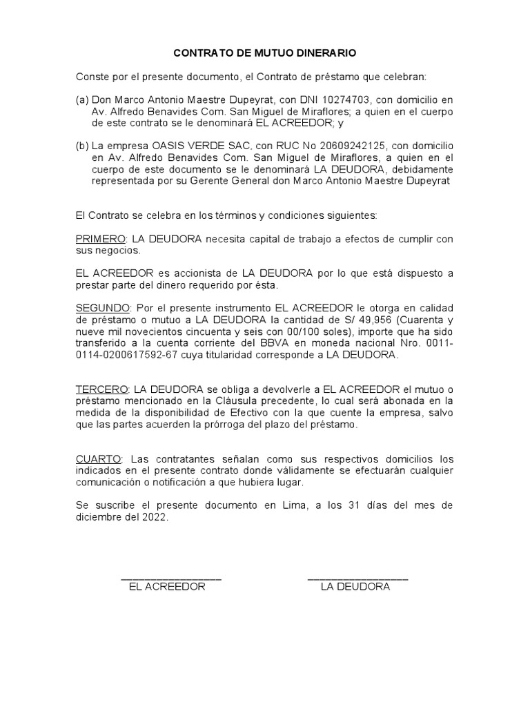 Contrato Mutuo Por Préstamo M.N. | PDF