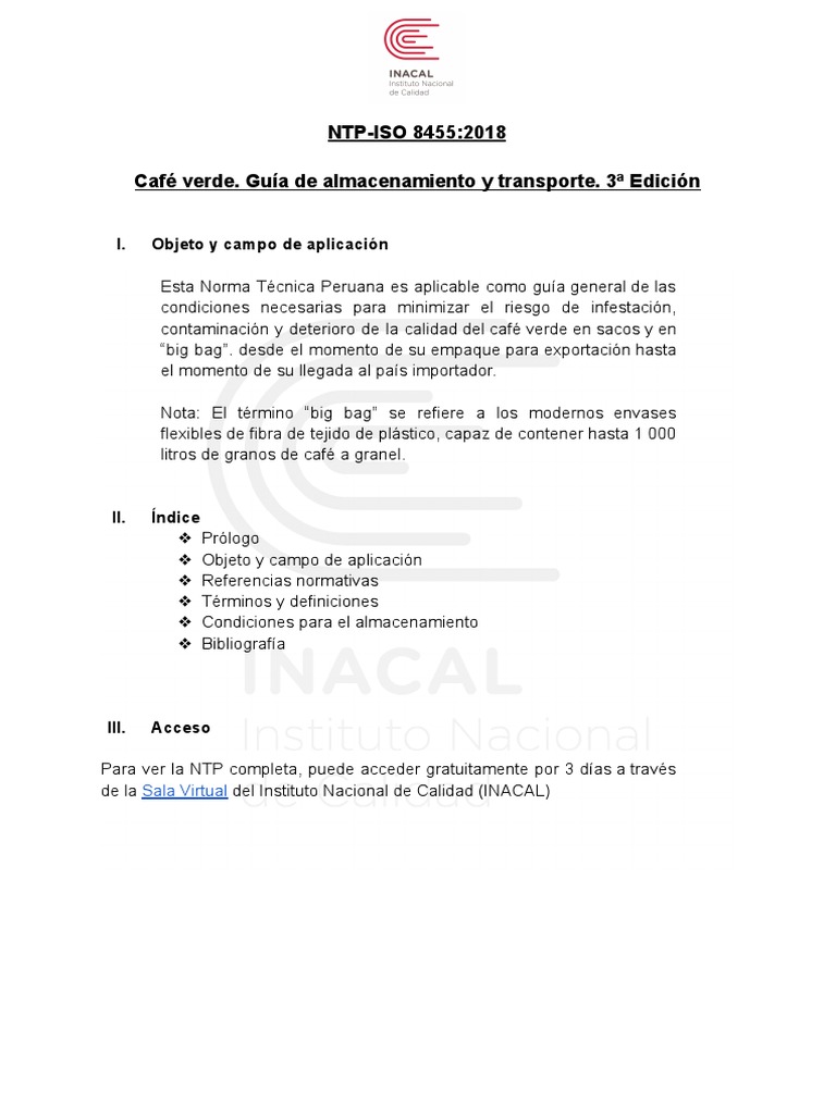NTP-ISO 8455 - 2018 Café Verde. Guía de Almacenamiento y Transporte. 3 Edición | PDF | Negocios ...