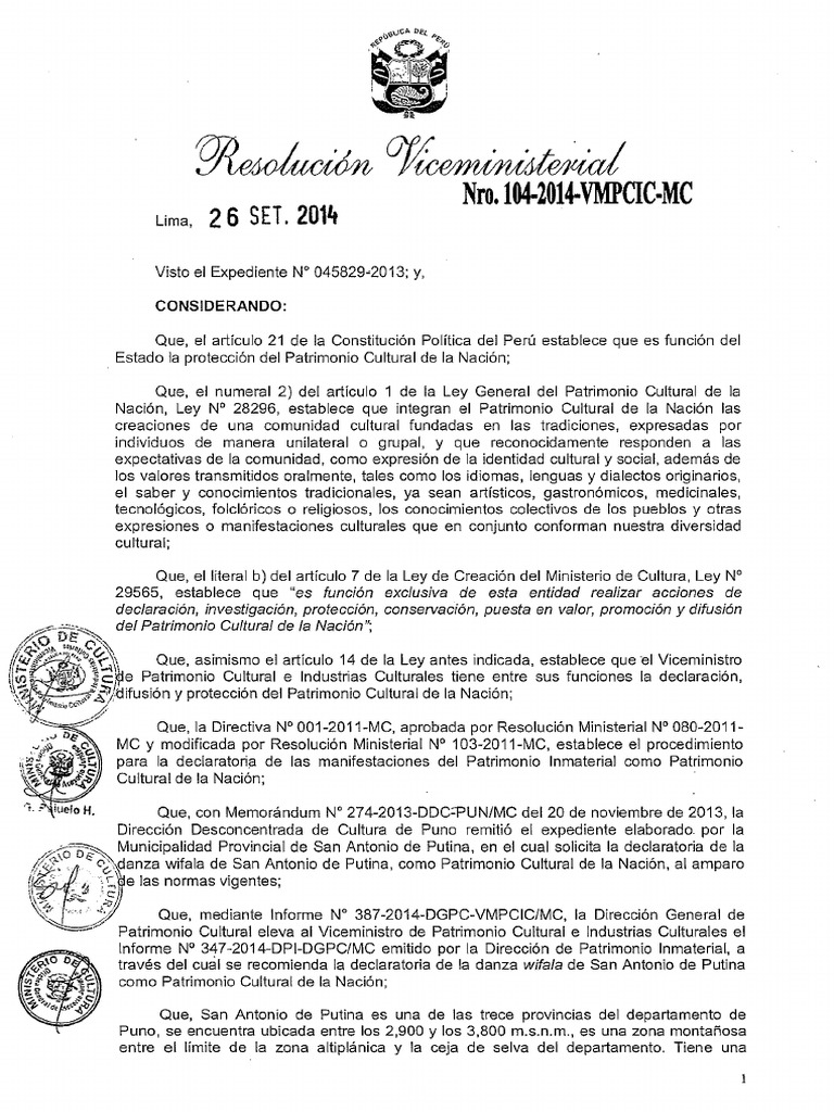 RVM 104 - Declarar Patrimonio Cultural de La Nacion La Danza Wifala de ...