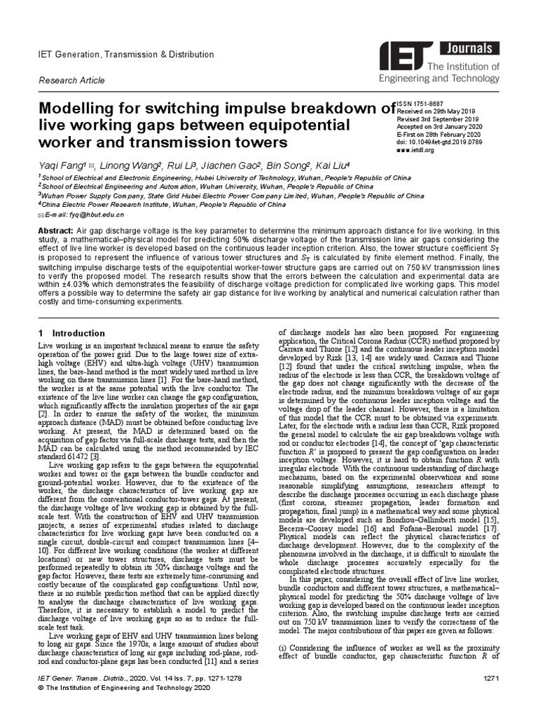 Modelling For Switching Impulse Breakdown of Live | PDF | High Voltage | Electric Power Transmission
