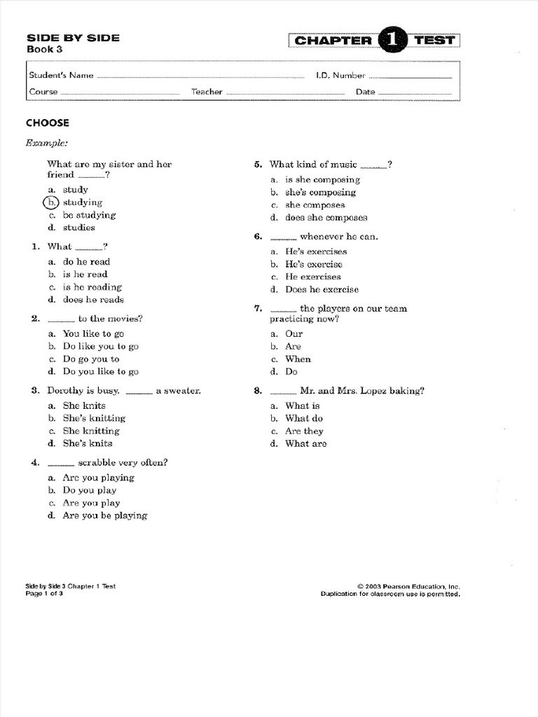 Side by Side Book 3 Grammar Test | PDF | Language Arts & Discipline