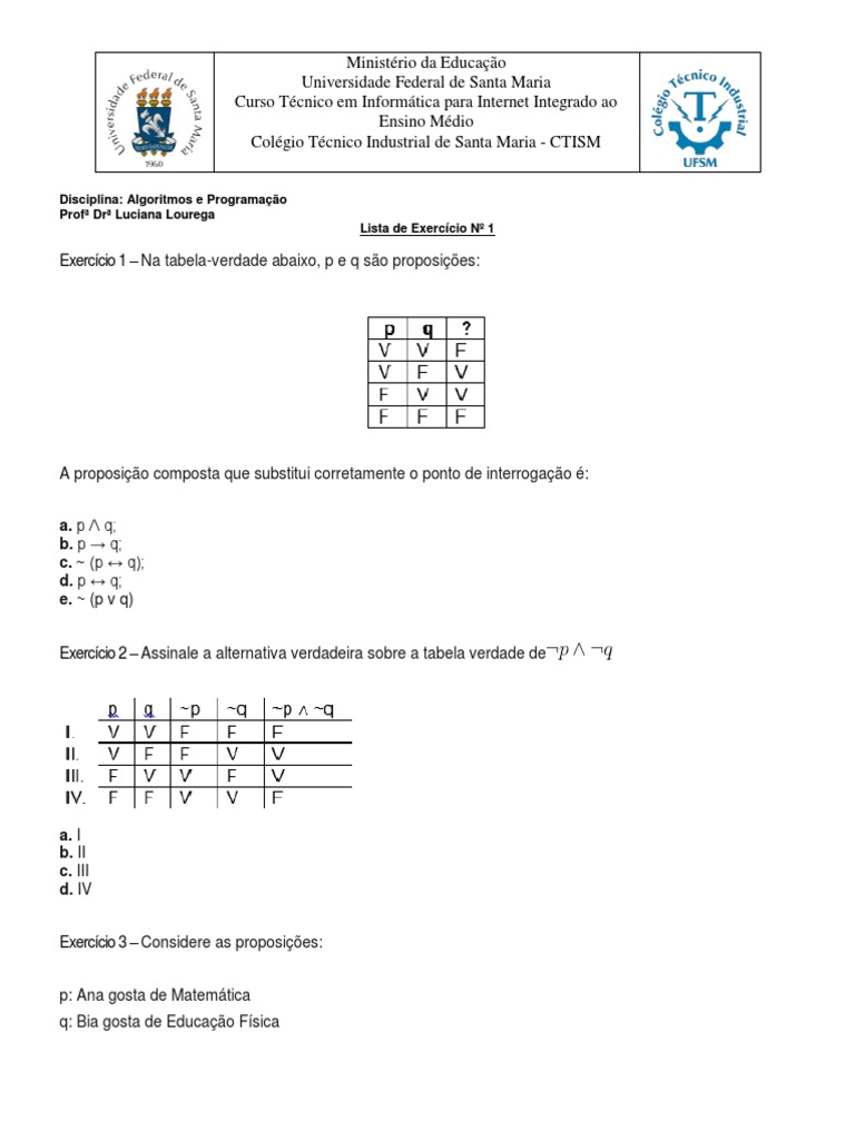 Exercícios de Lógica-Aluno | PDF | Lógica | Lógica matemática