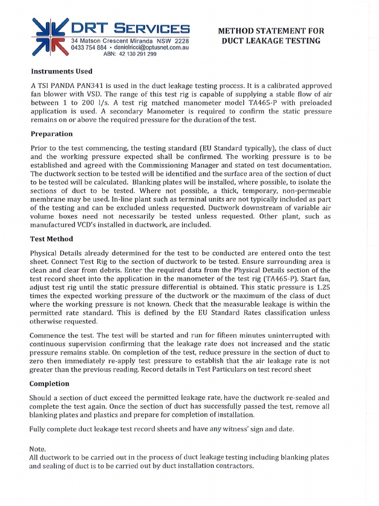 Method Statement For Duct Leakag Testing | PDF