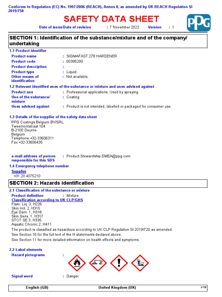 Sigmafast 278 Hardener | PDF | Chemistry | Occupational Safety And Health