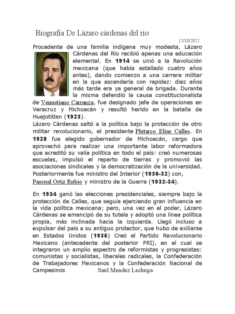 Biografía de Lázaro Cárdenas Del Rio | PDF