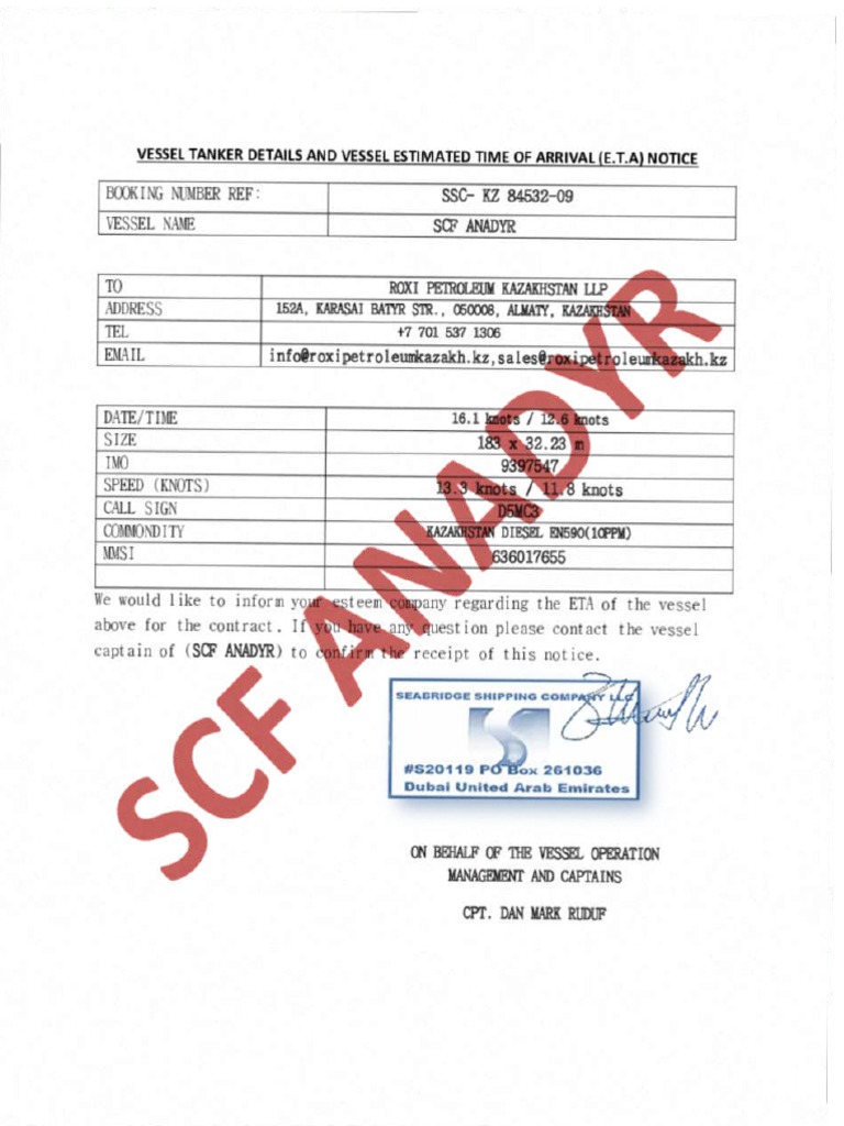 Vessel Tanker Details and Vessel Estimated Time of Arrival (E.t.a) Notice | PDF