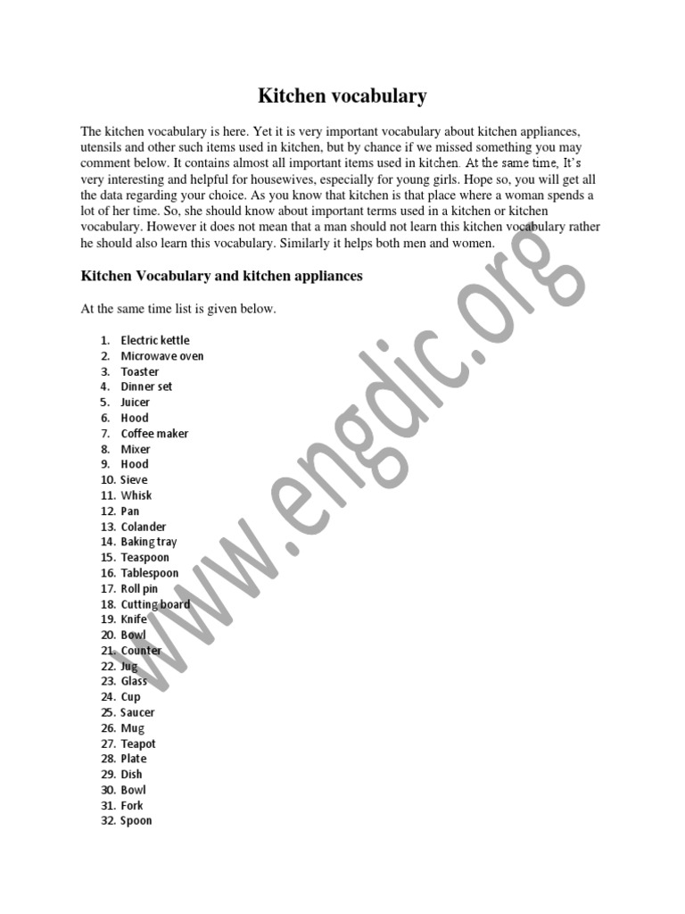Kitchen Vocabulary Essentials | PDF | Cooking, Food & Wine | Wellness