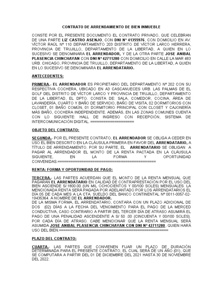 Contrato de Arrendamiento de Bien Inmueble Formato | PDF | Derecho y economía | Ley de obligaciones