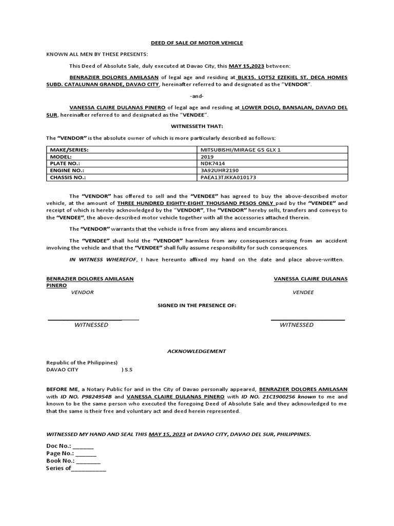 Deed of Sale of Motor Vehicle Mirage 2019 | PDF | Civil Law (Common Law ...