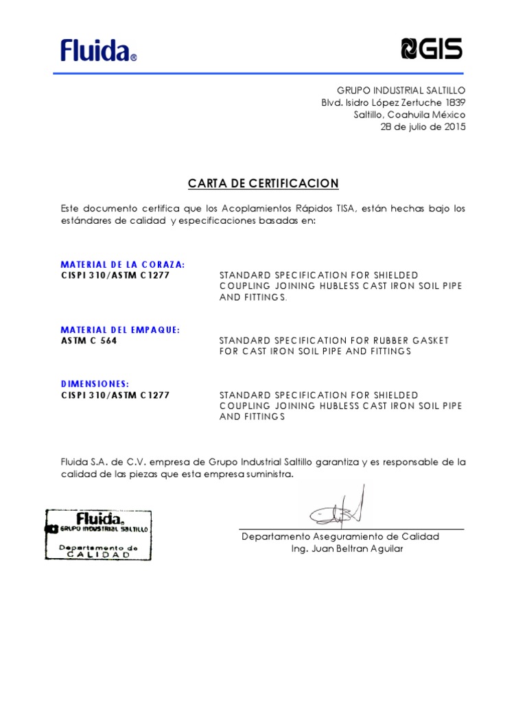 Certificación de Acoplamientos Rápidos TISA | PDF