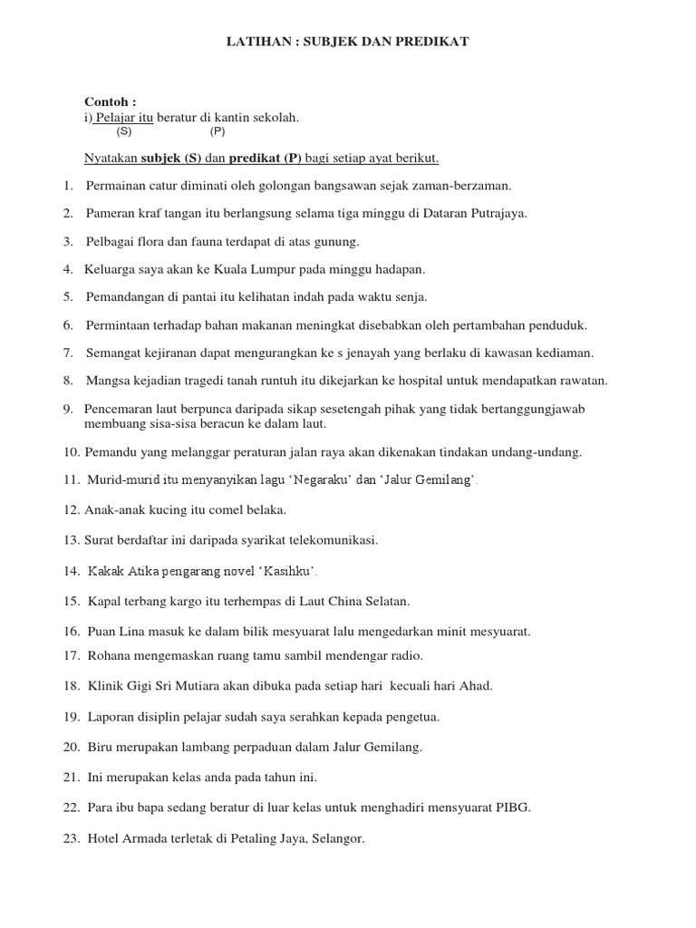 Latihan - Subjek Dan Predikat | PDF