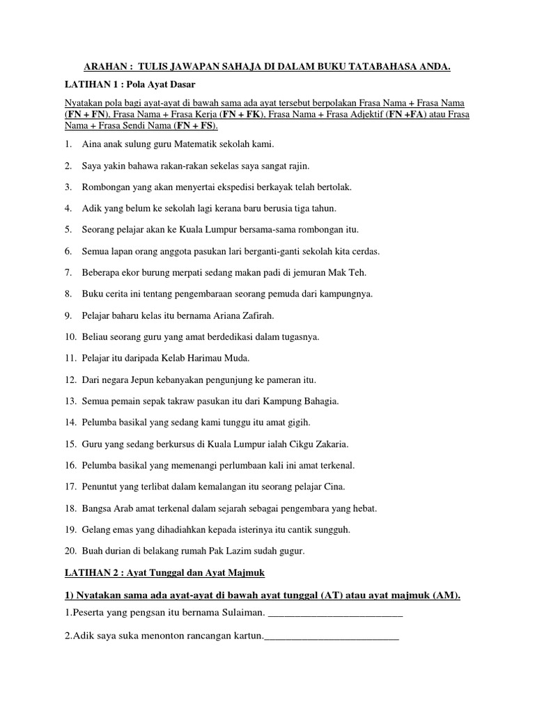 Year 9 - Latihan Tatabahasa - Pola Ayat Dasar - Ayat Tunggal Ayat Majmuk | PDF