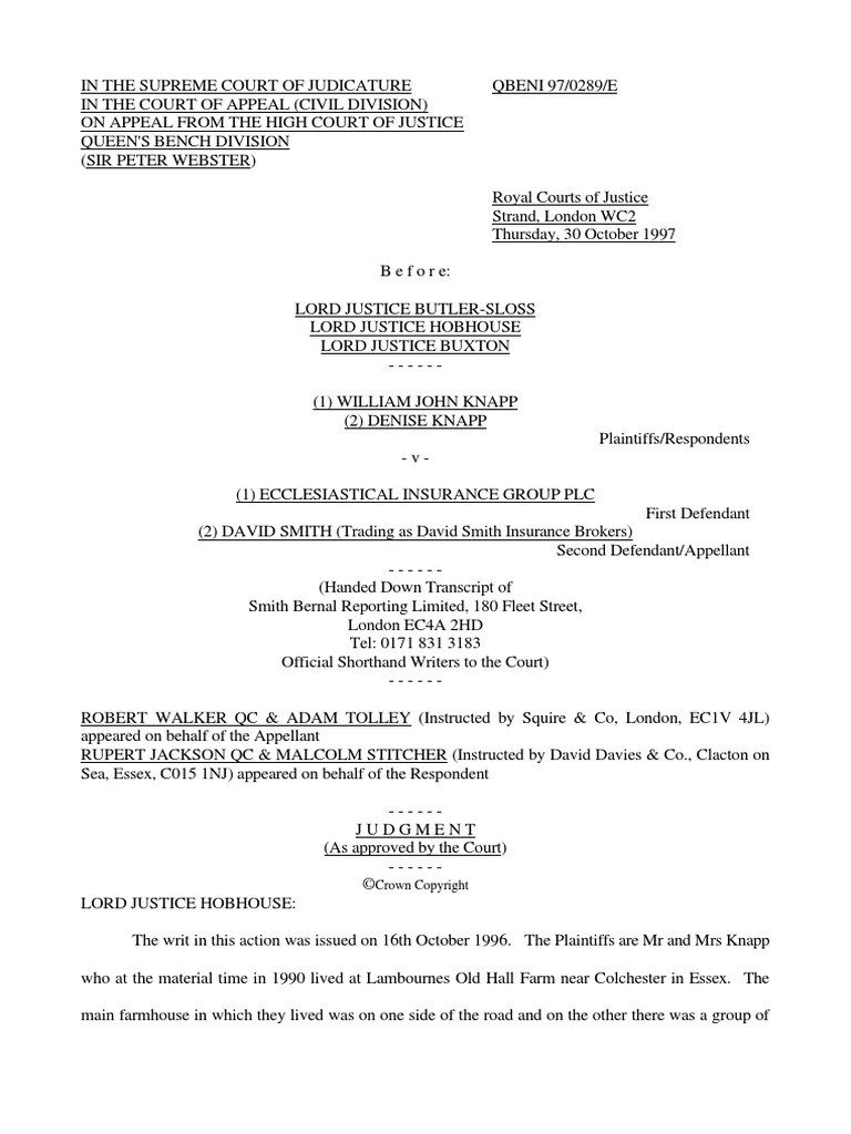 Knapp & Anor V Ecclesiastical Insurance Group PLC & Anor (1997) EWCA Civ 2616 (30th October ...